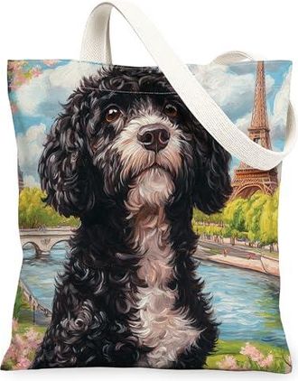 Generic Sac fourre-tout en toile motif chien deau portugais printanier 33 x 38,1 cm, tour romantique, sac d&eacute;picerie r&eacute;utilisable pour femme, peinture danimaux