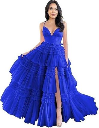 Generic Robes de bal en tulle &agrave; volants longue robe de bal col en V robes de soir&eacute;e formelles avec fente, bleu marine, 6XL Grande taille