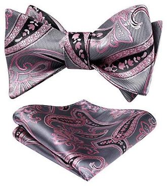 Hisdern Noeud papillon et mouchoir de poche pour homme Motif floral Jacquard Paisley, Rose/gris, taille unique