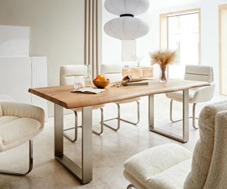 DELIFE Esstisch Edge 180x90 XL Akazie Natur Edelstahl Schmal Live-Edge, Esstische, Baumkantenm&ouml;bel, Massivholzm&ouml;bel, Massivholz