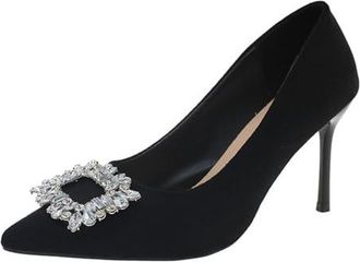 Generic Escarpins &agrave; talons hauts en velours et strass pour femme avec boucle et bout pointu, Noir, 38.5 EU