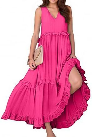 Generic Robe boh&egrave;me 2026 pour femme, col sans manches avec plis superpos&eacute;s, coupe ample et jupe longue fluide, &eacute;l&eacute;gante et d&eacute;contract&eacute;e, plage, rose vif, XXL