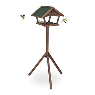 Relaxdays Vogelfutterhaus mit Standfuß, Holz Futterhaus für Wildvögel, HBT: 139x70x60 cm, wetterfestes Dach, braun/grün
