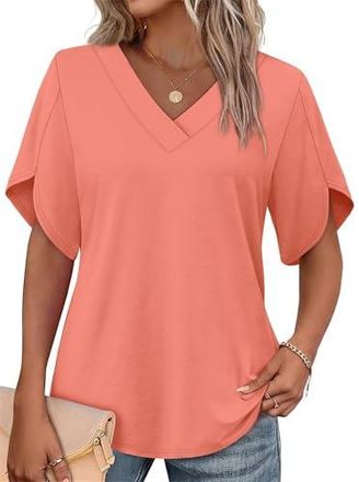 Generic T-shirt d&eacute;t&eacute; &agrave; col en V pour femme, tendance, d&eacute;contract&eacute;, habill&eacute;, &agrave; manches courtes, haut l&eacute;ger, extensible, pour lautomne, rose, XXL