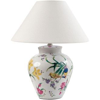 Beliani Tischlampe Weißer Porzellansockel Leinenglockenschirm mit Blumenmuster Beleuchtung Stilvoll