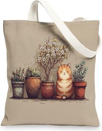 Generic Sac fourre-tout en toile motif chat mignon félin réutilisable sacs dépicerie vintage botanique léger lavable épaule stra, beige, 13x15 Inch