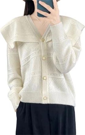 Generic Cardigan dhiver ouvert en tricot 100 % laine pour femme avec col bleu marine, Blanc de riz., Taille XS