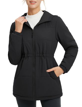 Baleaf Damen Steppjacke Leichte Übergangsjacke Runningjacke Lang Pufferjacke Isolierte Wanderjacke Warme Fleecejacke Winterjacke mit Reißverschluss Schwarz X