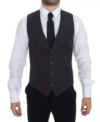 Dolce & Gabbana Mens Gray Striped Formal Dress Gilet Vest