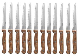 Pintinox Prima Collection Lot de 12 couteaux à steak bout rond en acier inoxydable, manche effet bois