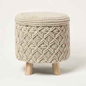 Homescapes Pouf boh&egrave;me macram&eacute; Indy avec rangement, Ecru