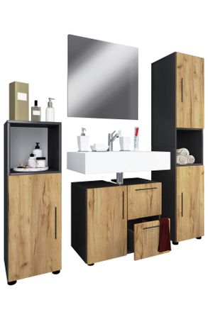 MID.YOU Mid.you Badezimmer Flandu, Anthrazit, Honigeiche, Kunststoff, 4-teilig, 7 F&auml;cher, 2,2 Schubladen, 123 cm, stehend, erweiterbar, Badezimmer, Badm&ouml;belse