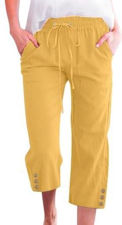Generic Pantalon 3/4 d&eacute;t&eacute; pour femme - Pantalon en lin pour femme - Pantalon d&eacute;t&eacute; l&eacute;ger avec cordon de serrage - Poches - Taille haute - Pantalon de loisirs -