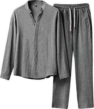 Generic Pyjama Homme Hiver Coton Pyjama Long Chaud 2 Pièces avec Poches Ensemble de Pyjama Col Rond Vêtements de Nuit Manches Longues Confortable S-XXL