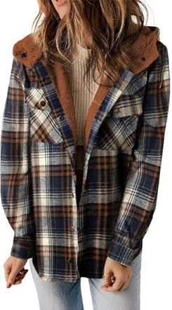 Generic Veste de bûcheron pour femme - Doublée - Manches longues - Tunique - Boutonnière - Élégante chemise à manches longues - Avec capuche - À carreaux - Po