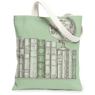 Generic Sacs fourre-tout en toile avec motif de globe artistique, sacs &agrave; provisions r&eacute;utilisables, style vintage printanier, l&eacute;ger, lavable, vert, 13x15 Inch