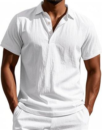 Generic Chemises de plage en lin &agrave; manches courtes pour homme - Polo &agrave; manches courtes pour homme - Haut de sport en coton - Tenue de plage d&eacute;contract&eacute;e - T-s