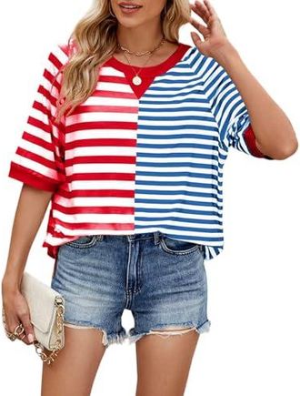 Generic T-shirt ray&eacute; pour femme - Col rond | T-shirt d&eacute;t&eacute; ample tendance basique - &Agrave; porter au quotidien, Rouge, XXL