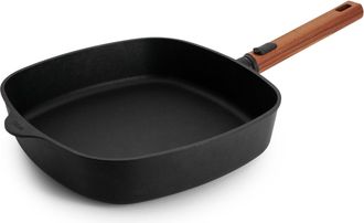 Woll Eco Logic QXR Viereckpfanne - Induktiv -, 28 x 28 cm, 6 cm hoch, mit abnehmbarem nachhaltigem Holzstiel - Geeignet für alle Herdarten, PFAS-frei, Anti