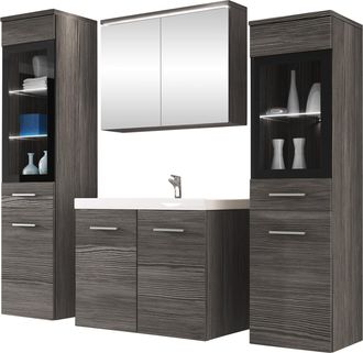 Mirjan24 Badm&ouml;bel Set Madrit II mit Waschbecken und Siphon, Komplettprogramme f&uuml;r Spiegelschrank, Waschtisch, Hochschrank (Bodega/Bodega, mit wei&szlig;er LED Beleuc