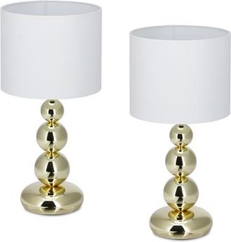 Relaxdays Tischlampe, 2er Set, Metallfuß & Stoffschirm, E27, HxD: 50 x 25 cm, Nachttischlampe Schlafzimmer, weiß/Gold