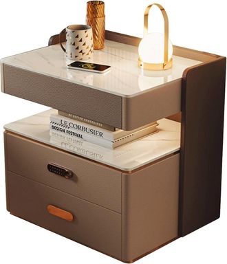 Generic Smart Nachttisch mit kabelloser Aufladung 2 Schubladen und Passwortsperre Eleganter Nachttisch mit 3 Farben LED-Beleuchtung Holz Beistelltisch für Sch