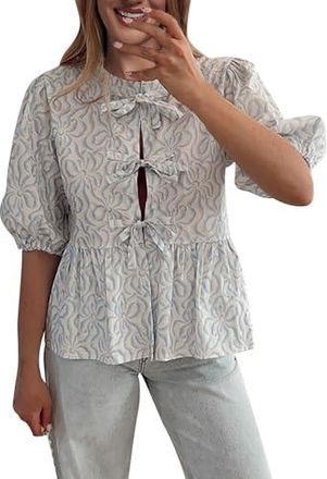 Generic Chemises p&eacute;plum &agrave; manches courtes bouffantes pour femme - Chemisier &agrave; nouer sur le devant - Hauts d&eacute;t&eacute; mignons pour femmes - Chemises de course &agrave; pied