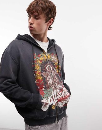 AllSaints Roque - Kapuzenjacke in verwaschenem Schwarz mit Logo-Grafikprint