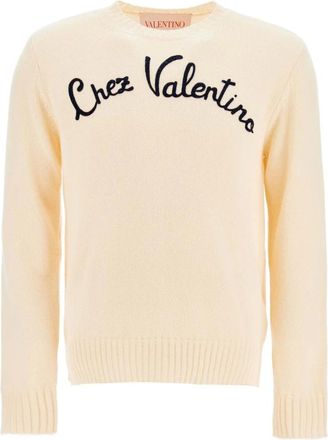 Valentino Garavani Homme, Pulls, Beige, Taille: M Pull Ras du Cou en Laine avec Broderie Chez