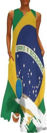 Generic Robes D&Eacute;t&eacute; pour Femmes Robe D&Eacute;t&eacute; avec Poches Longue Robe sans Manches pour Femme L&eacute;g&egrave;re Et D&eacute;contract&eacute;e Plage Et Sorties Drapeau Br&eacute;silien