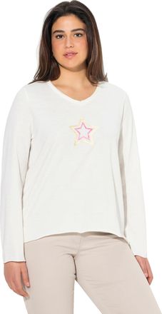 Ulla Popken Damen große Größen Übergrößen Plus Size Shirt, Stern, Rollkanten, A-Linie, V-Ausschnitt, Langarm Offwhite 54+ 831705200-54+