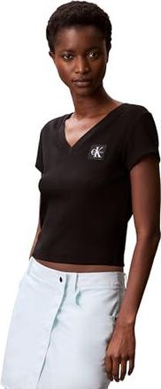 Calvin Klein T-Shirt Manches Courtes Femme Woven Label Rib Tee Col en V, Noir (Black), XS