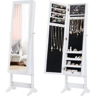 Costway Costway - Schmuckschrank neigungsverstellbar, Schmuckregal mit Ganzkoerperspiegel, Schmuck Spiegelschrank mit 64 Ohrringschlitzen, 20
