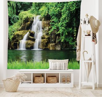 Abakuhaus Natur Wandteppich und Tagesdecke, Lake Garden Wasserfall aus Weiches Mikrofaser Stoff Waschbar ohne Verblassen Digitaldruck, 230 x 140 cm, Grün