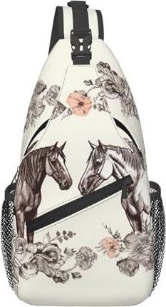 Generic Durable Sacoche Homme Bandouliere Fleurs et chevaux dessinés à la main Sac Bandoulière Casual,Antivol Sac DEpaule pour Camping école Homme
