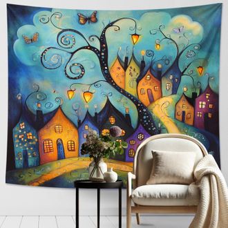 Generic Fantasievoller Baum und Laternen, blauer Wandteppich, bunte H&auml;user und Schmetterlinge, dekorativer Wandbehang, magische Wandteppiche, &auml;sthetisch f&uuml;r W