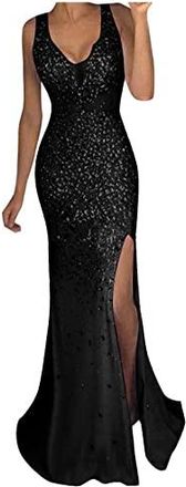 Generic Robe fourreau pour femme - Robe dété solide - Robe de soirée sexy dorée - Robe de soirée - Robe de mariée - Col en V - Robe longue tunique à manches l