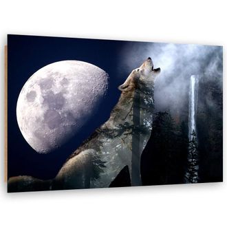 Feeby Wandbild XXL Wald Deko Kunst Bilder Wolf Blau 120x80 cm