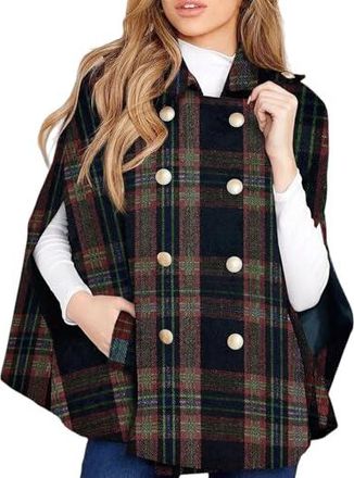 Generic Cape dhiver &agrave; carreaux pour femme, cape &agrave; double boutonnage avec poches pour femme, veste dhiver &agrave; carreaux, vert fonc&eacute;, XXL