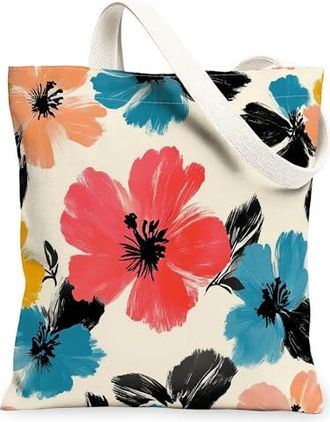 Generic Sac fourre-tout en toile avec fleurs dhibiscus de printemps pour le shopping, 33 x 38 cm, sac d&eacute;picerie r&eacute;utilisable vintage r&eacute;tro pour femme, esth&eacute;ti