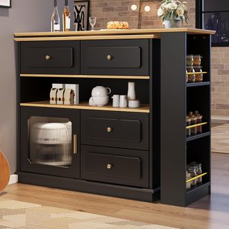 Generic Ausziehbarer Bartisch 360° drehbare Essbar Kücheninsel mit Türen Schubladen Offener Stauraum Moderner Beweglicher Hochtisch Sideboard Buffetschrank Bi