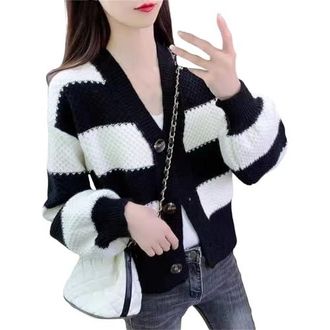 Generic Cardigan ray&eacute; en crochet pour femme - Esth&eacute;tique - L&eacute;ger - Pour le travail - Chic, Pull noir, Taille XS