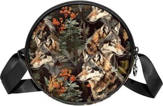 Generic Petit sac &agrave; bandouli&egrave;re circulaire pour femme, motif loup, herbe foresti&egrave;re, sac &agrave; dos avec fermeture &eacute;clair, bretelles r&eacute;glables, sac &agrave; main rond d&eacute;c