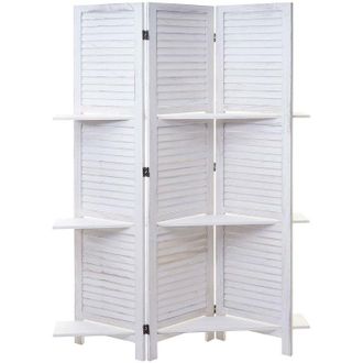 Hhg Paravent Aberdeen, Trennwand Raumteiler mit Regalb&ouml;den 170x125cm, Shabby Look wei&szlig;/wei&szlig;