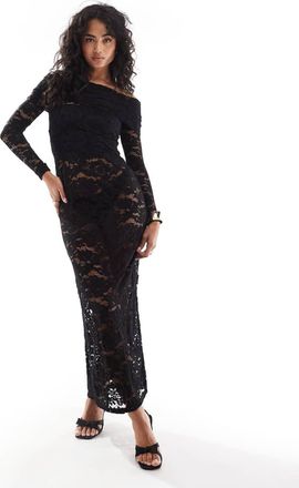 4th & Reckless Lang&auml;rmliges Spitzen-Maxikleid in Schwarz mit umgeschlagenem Carmen-Ausschnitt