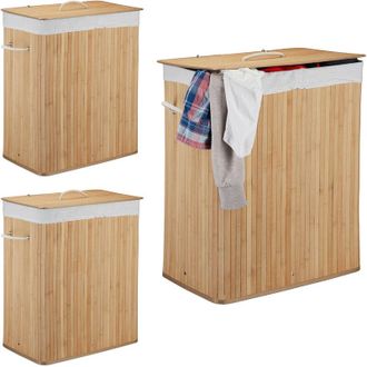 Relaxdays Corbeille &agrave; linge bambou avec couvercle, lot de 3, rectangulaire, 2 compartiments, volume de 95 litres, pliable, nature
