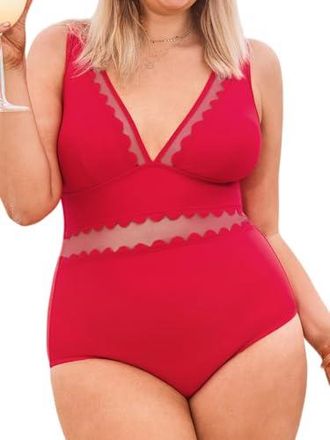 Cupshe Maillot de bain une pi&egrave;ce pour femme grandes tailles avec d&eacute;collement en V, bord ondul&eacute;, en tulle transparent, gainant - Maillot de bain curvy taille 