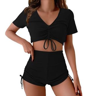 Generic Chronom&egrave;tre Poignet Femme Maillot de Bain avec Cordon de Serrage Col V Manches Courtes Divis&eacute; Bikini de Plage Maillot de Bain Thermal Montre-bracelet 