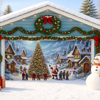 Generic Weihnachts-Winter-Garagentorabdeckung, festliches verschneites Dorf, gro&szlig;e Garagen-Dekorationen, Feiertags-Innen- und Au&szlig;enbereich, Party-Dekoration, 