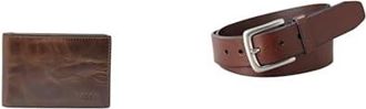 Fossil Homme Derrick Portefeuille en Cuir Marron et Ceinture Joe, Coffret